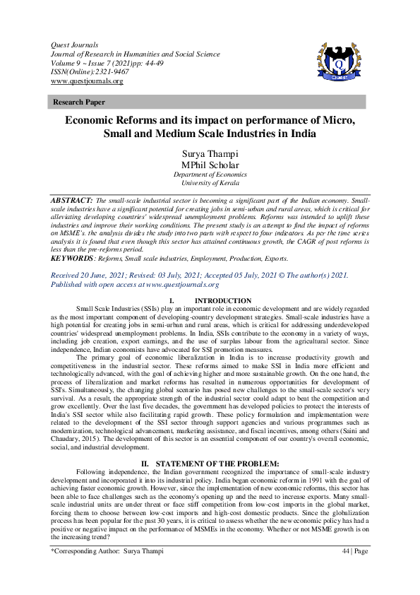 (PDF) Economic Reforms and its impact on performance of Micro, Small ...