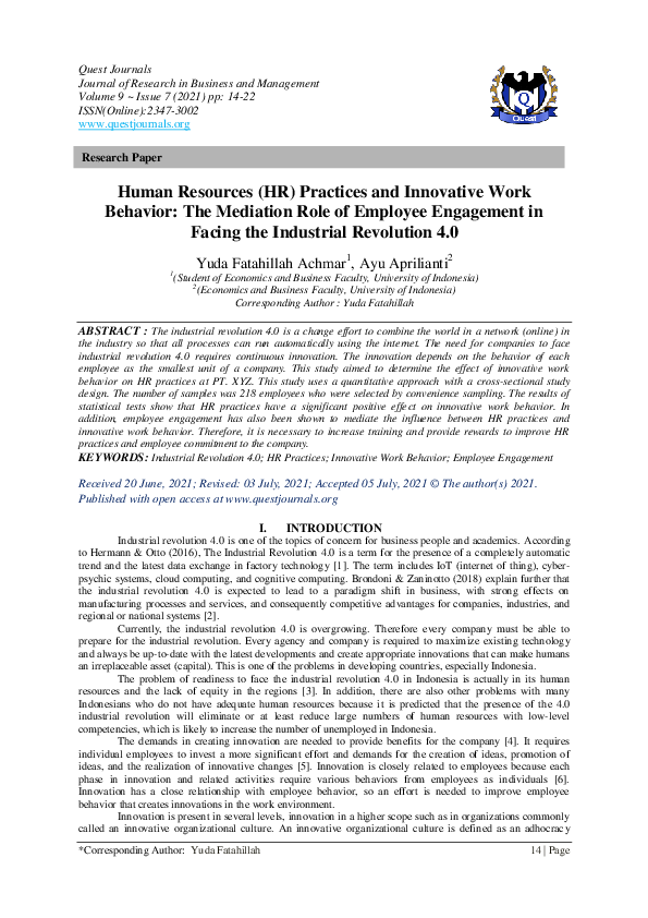 (PDF) Human Resources (HR) Practices and Innovative Work Behavior: The Mediation Role of ...