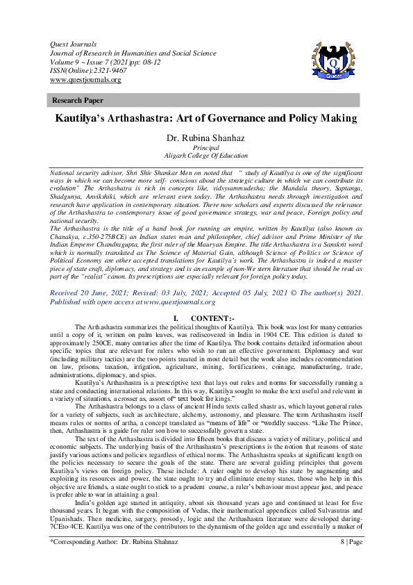 (PDF) Kautilya's Arthashastra: Art of Governance and Policy Making