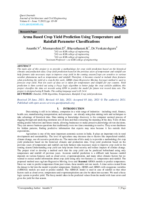 (PDF) Arma Based Crop Yield Prediction Using Temperature and Rainfall Parameter Classifications