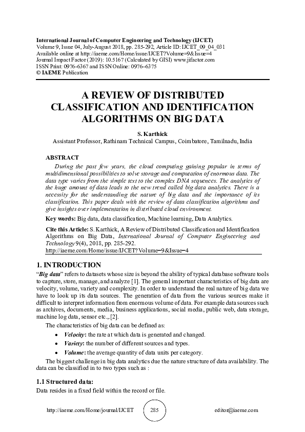 Pdf A Review Of Distributed Classification And Identification Algorithms On Big Data Iaeme