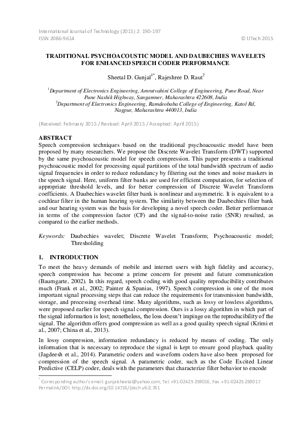 (PDF) Traditional Psychoacoustic Model and Daubechies Wavelets for Enhanced Speech Coder Performance