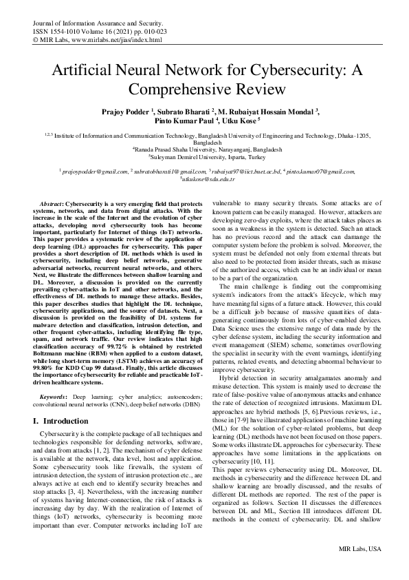(PDF) Artificial Neural Network for Cybersecurity: A Comprehensive Review