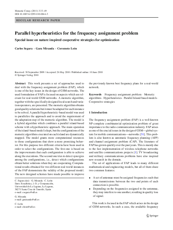 (PDF) Parallel hyperheuristics for the frequency assignment problem