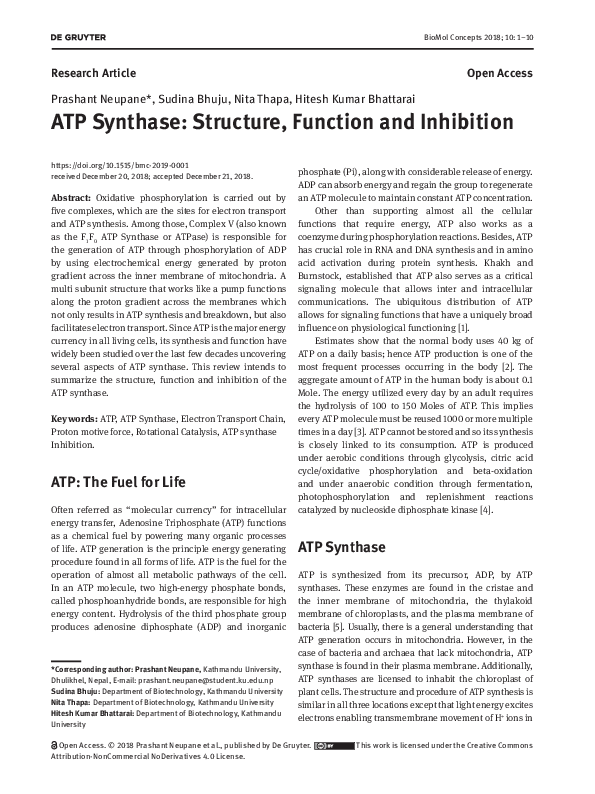 (PDF) ATP Synthase: Structure, Function and Inhibition