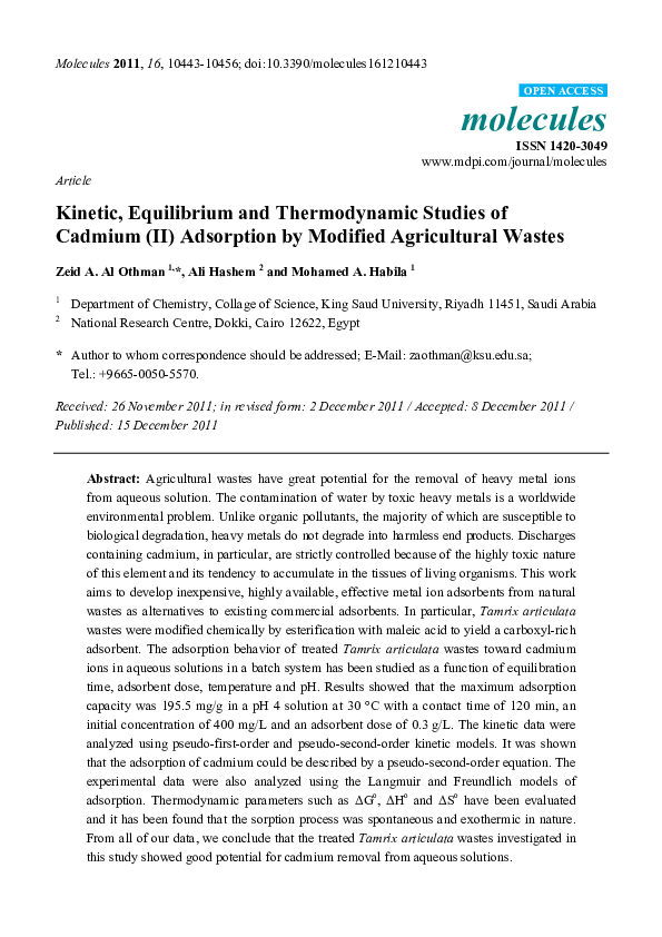 (PDF) Kinetic, Equilibrium and Thermodynamic Studies of Cadmium (II) Adsorption by Modified ...