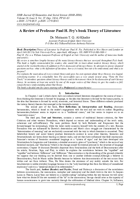 (PDF) A Review of Professor Paul H. Fry's book Theory of Literature