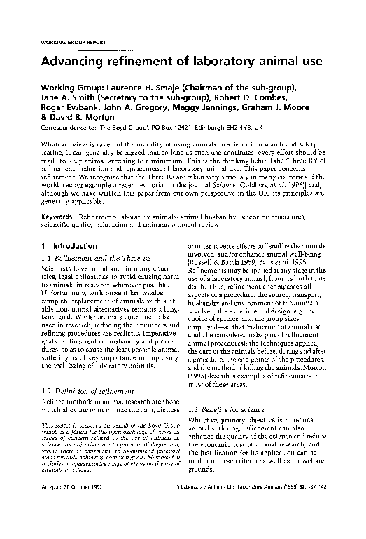 (PDF) Advancing refinement of laboratory animal use