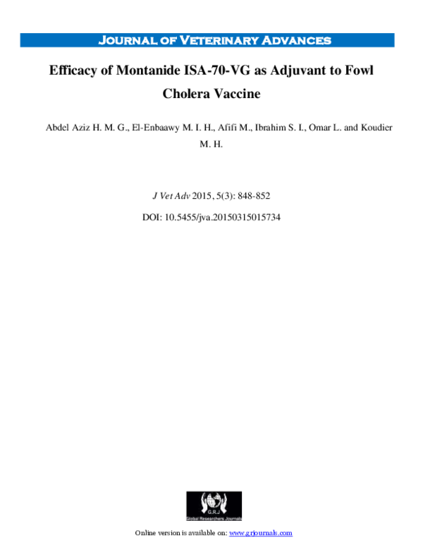 (PDF) Efficacy of Montanide Isa-70-vg as Adjuvant to Fowl Cholera Vaccine