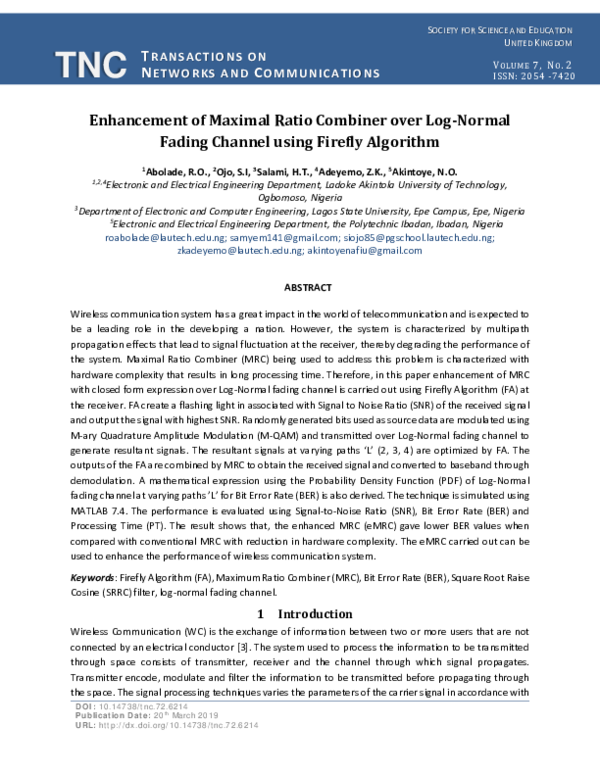 (PDF) Enhancement of Maximal Ratio Combiner over Log-Normal Fading Channel using Firefly Algorithm