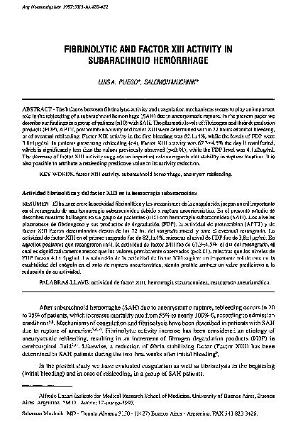 (PDF) Fibrinolytic and factor XIII activity in subarachnoid hemorrhage