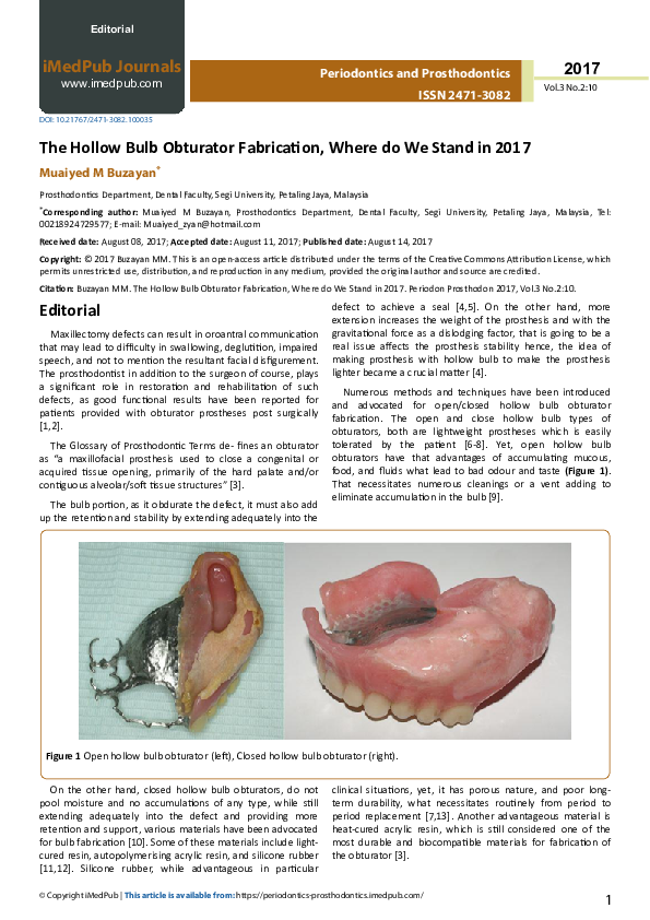 (PDF) The Hollow Bulb Obturator Fabrication, Where do We Stand in 2017