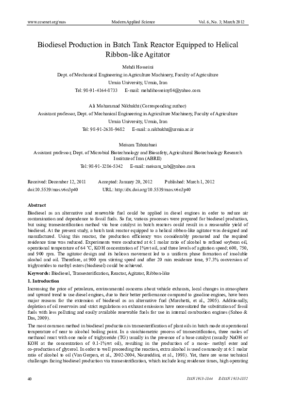 (PDF) Biodiesel Production in Batch Tank Reactor Equipped to Helical ...