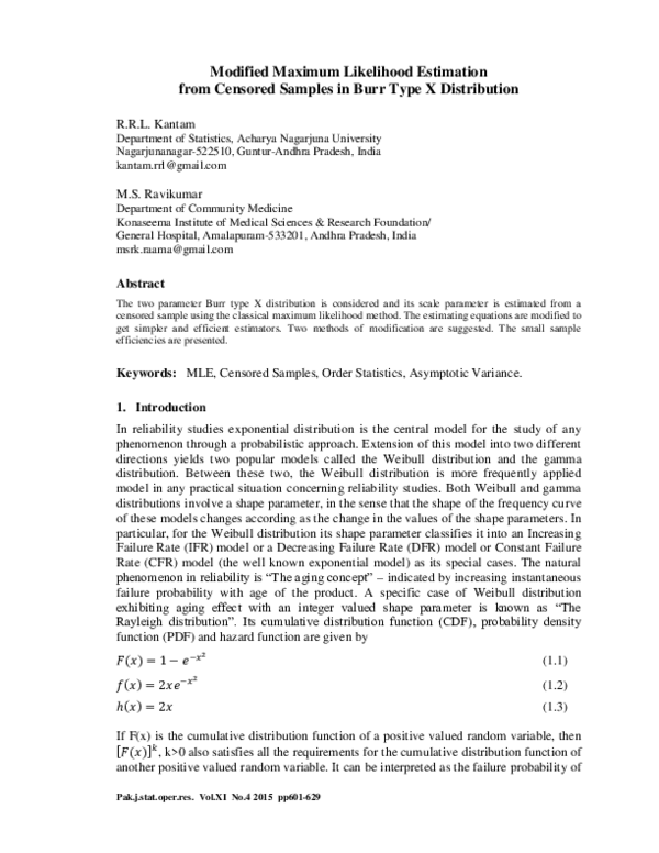 (PDF) Modified Maximum Likelihood Estimation from Censored Samples in Burr Type X Distribution