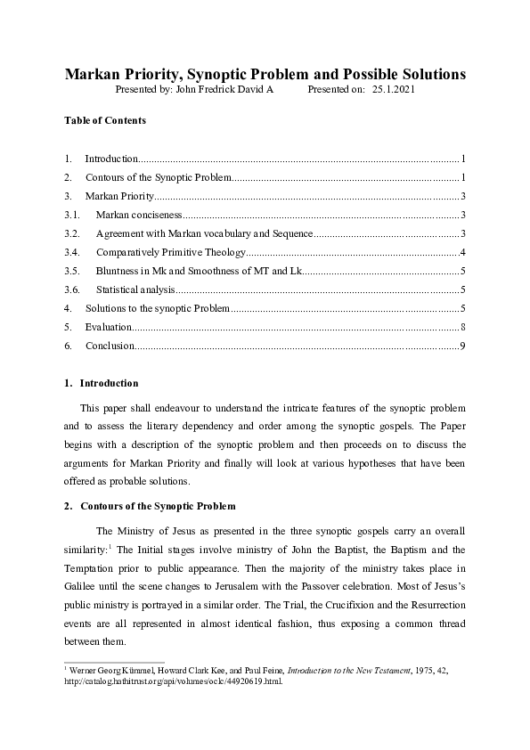 (DOC) John F. David: Markan Priority, Synoptic Problem and Possible Solutions