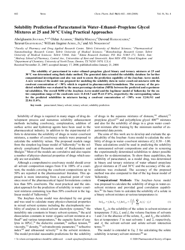 (PDF) Solubility Prediction of Paracetamol in Water–Ethanol–Propylene ...