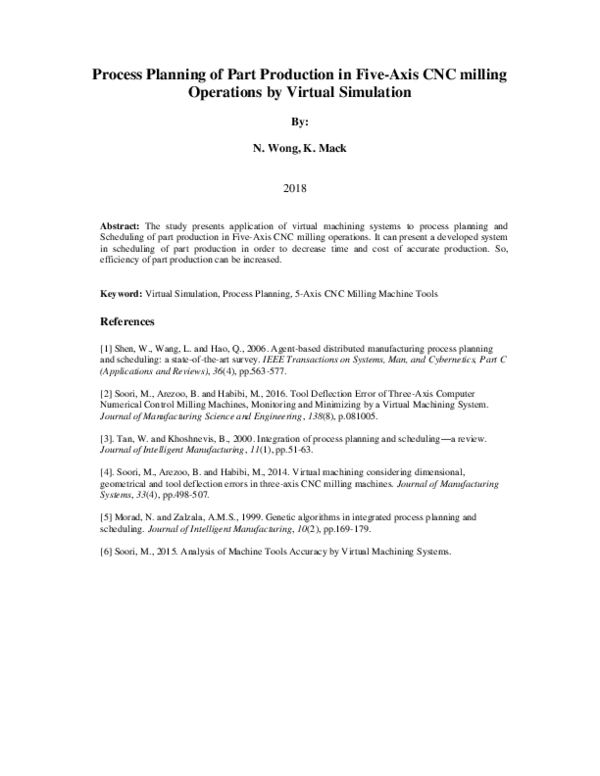 (PDF) Process Planning of Part Production in Five-Axis CNC milling Operations by Virtual Simulation