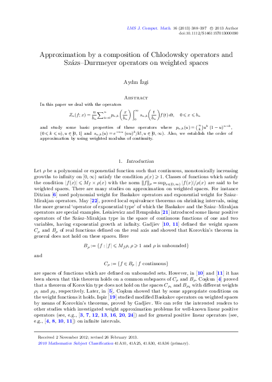 Pdf Approximation By A Composition Of Chlodowsky Operators And Százs Durrmeyer Operators On