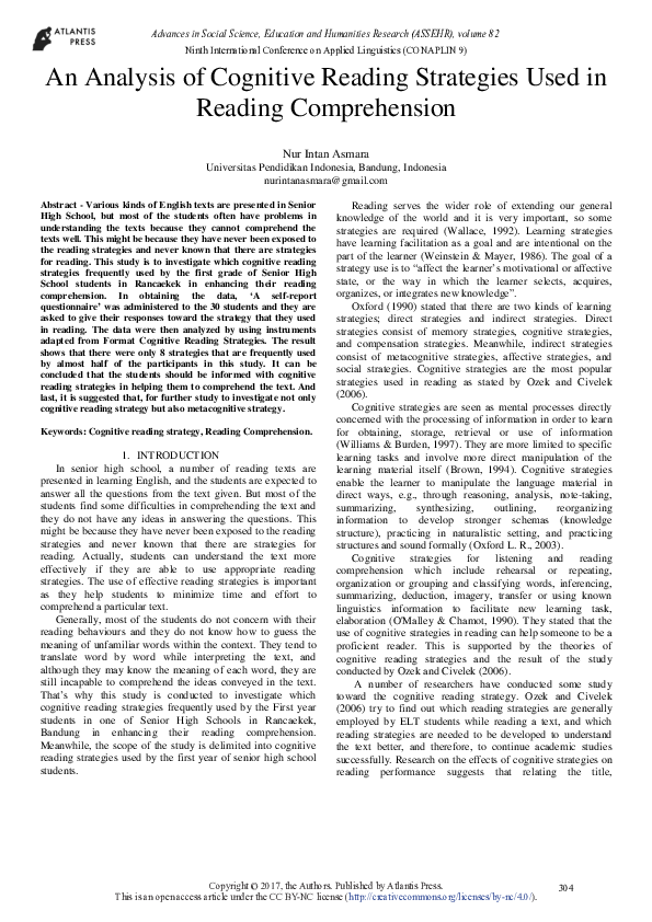 (PDF) An Analysis of Cognitive Reading Strategies Used in Reading ...