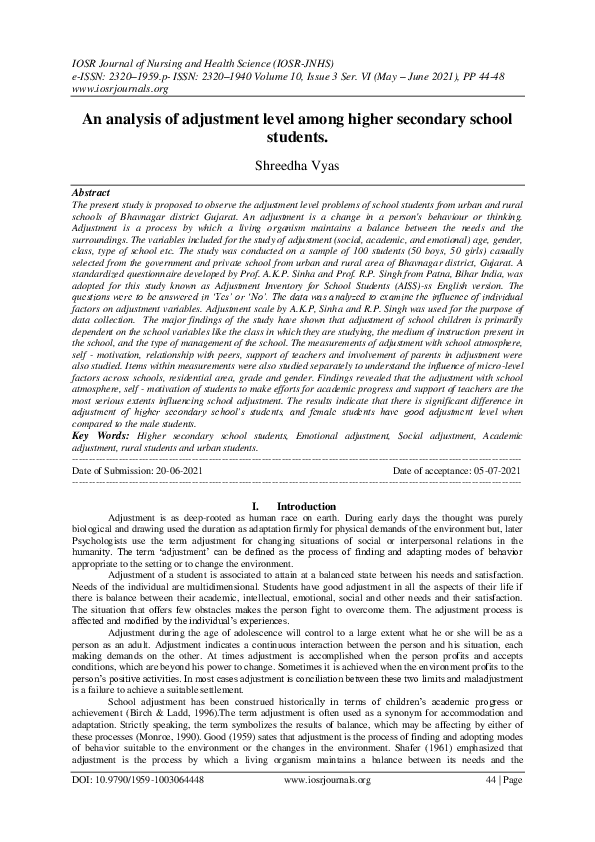 (PDF) An analysis of adjustment level among higher secondary school ...