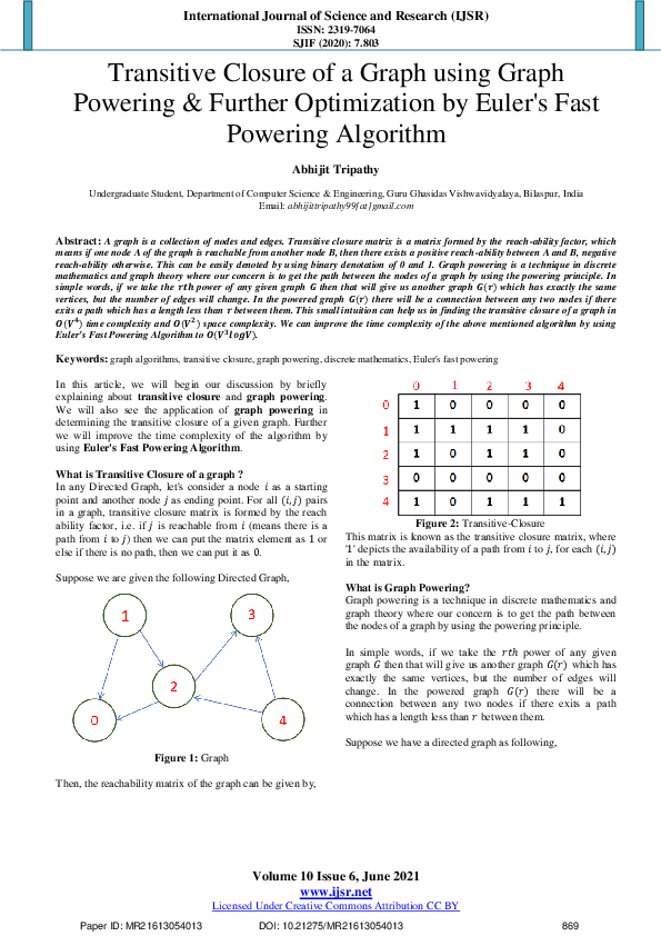 (PDF) Transitive Closure of a Graph using Graph Powering & Further Optimization by Euler's Fast ...
