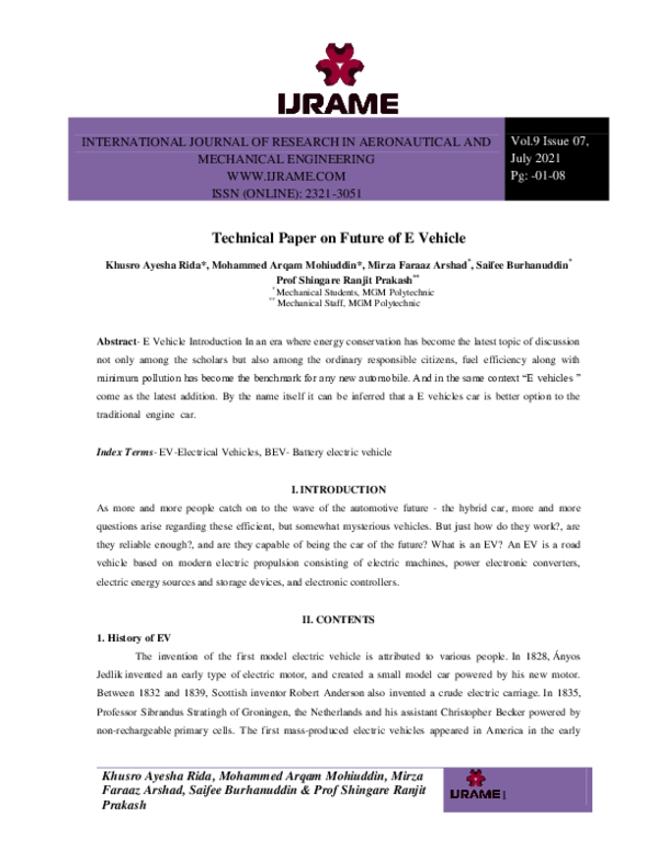 (PDF) Technical Paper on Future of E Vehicle