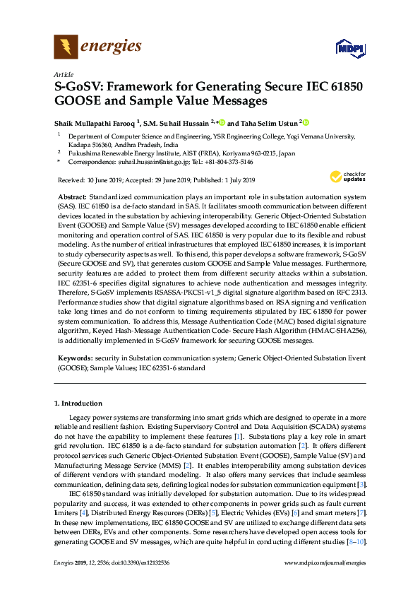 (PDF) S-GoSV: Framework for Generating Secure IEC 61850 GOOSE and Sample Value Messages