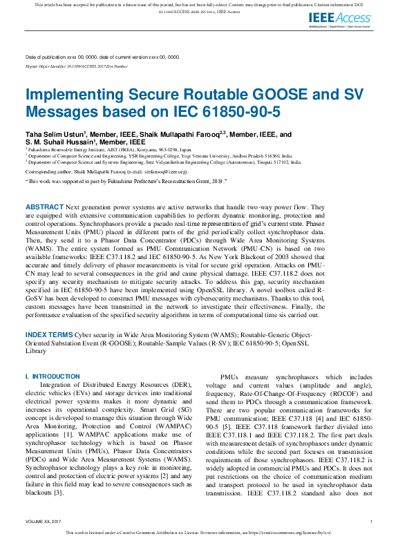 (PDF) Implementing Secure Routable GOOSE and SV Messages based on IEC 61850-90-5