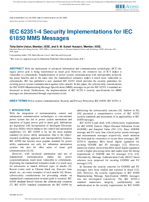 (PDF) IEC 62351-4 Security Implementations for IEC 61850 MMS Messages