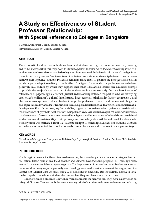 (PDF) A Study on Effectiveness of Student Professor Relationship