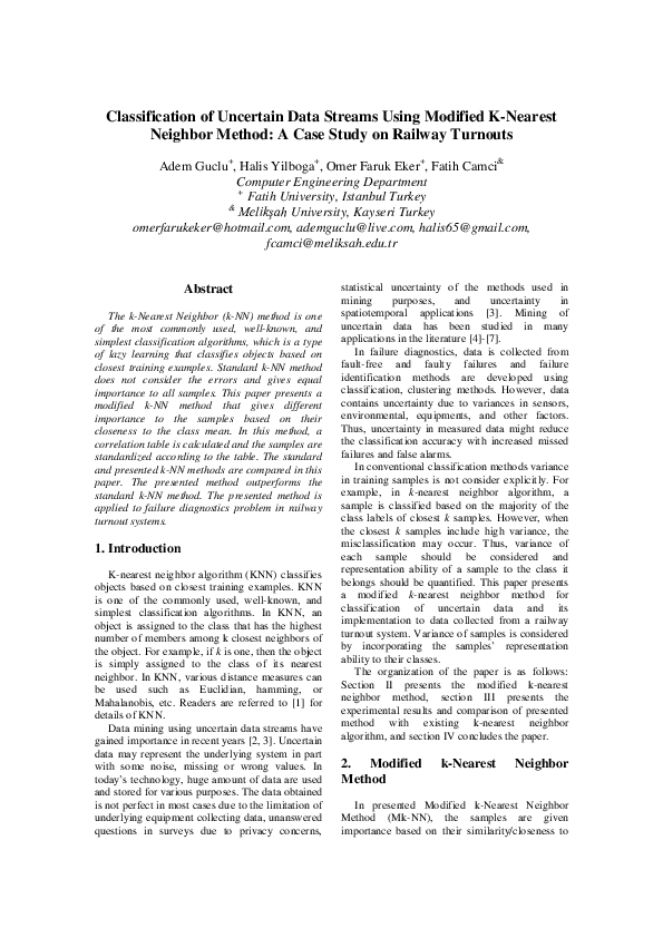 (PDF) Classification of Uncertain Data Streams Using Modified K-Nearest Neighbor Method: A Case ...