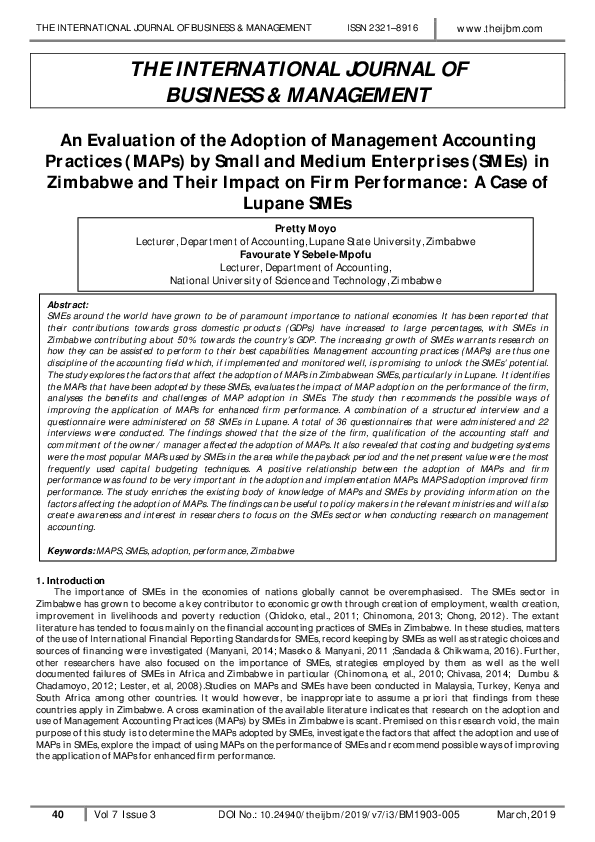 (PDF) An Evaluation of the Adoption of Management Accounting Practices (MAPs) by Small and ...