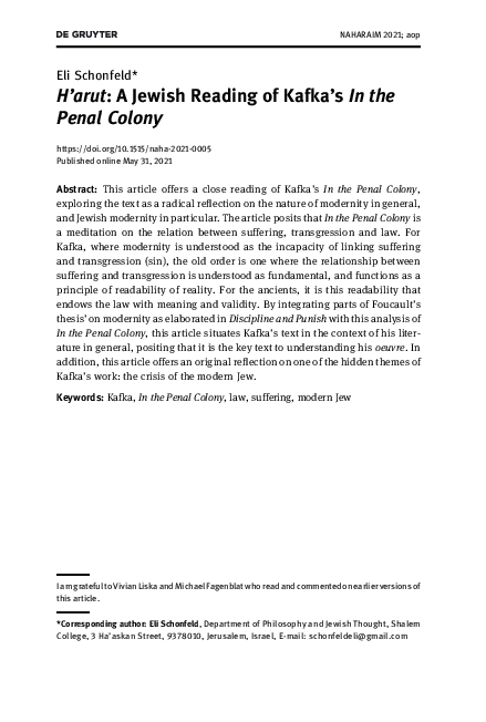 (PDF) H'arut: A Jewish Reading of Kafka's In the Penal Colony