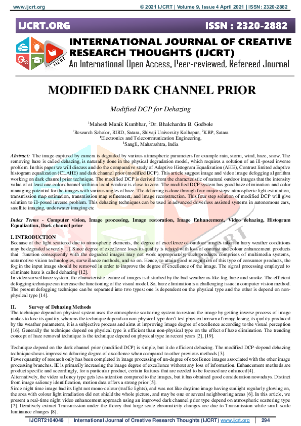 (PDF) MODIFIED DARK CHANNEL PRIOR Modified DCP for Dehazing