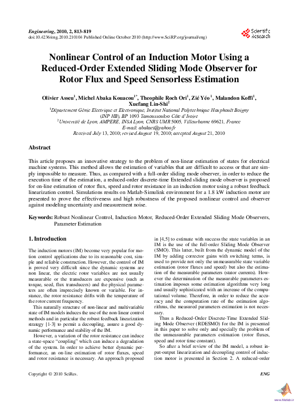 Pdf Nonlinear Control Of An Induction Motor Using A Reduced Order Extended Sliding Mode