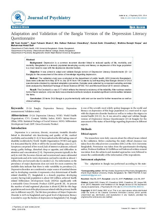 (PDF) Adaptation and Validation of the Bangla Version of the Depression ...