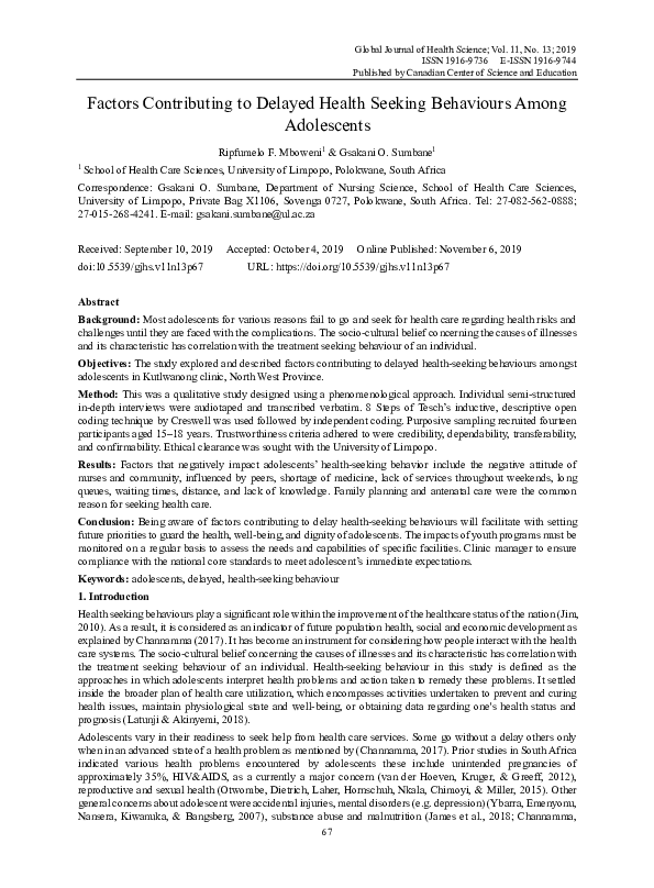 (PDF) Factors Contributing to Delayed Health Seeking Behaviours Among Adolescents