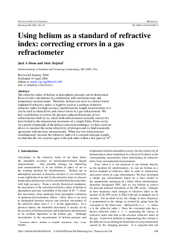 Pdf Using Helium As A Standard Of Refractive Index Correcting Errors
