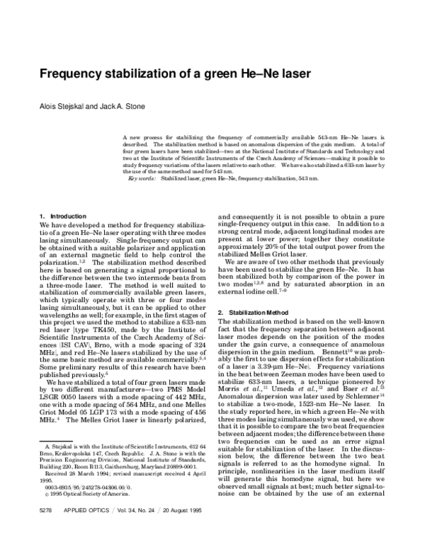 (PDF) Frequency stabilization of a green He-Ne laser