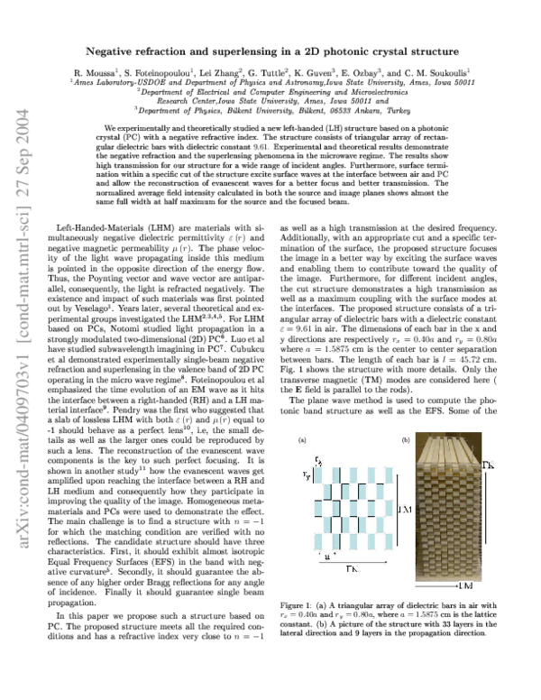 (PDF) Negative refraction and superlensing in a 2D photonic crystal ...