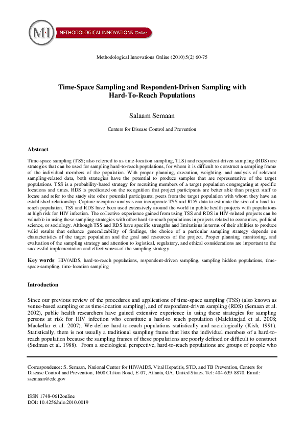 (PDF) Methodological Innovations Online ( Time-Space Sampling and Respondent-Driven Sampling ...