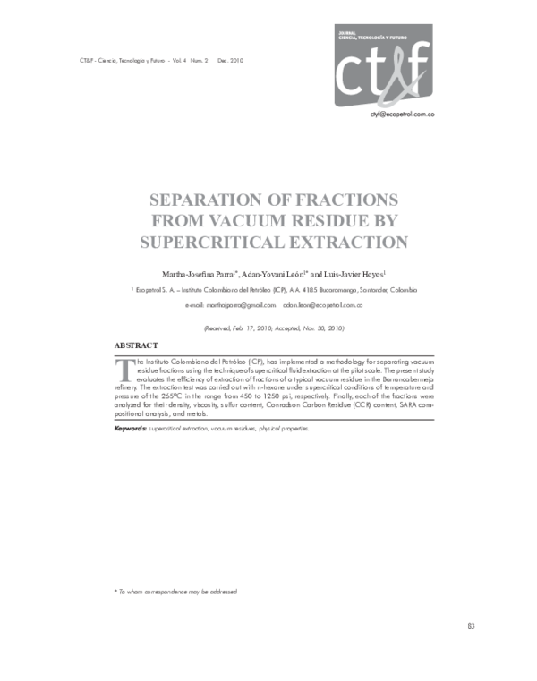 (PDF) Separation of fractions from vacuum residue by supercritical extraction