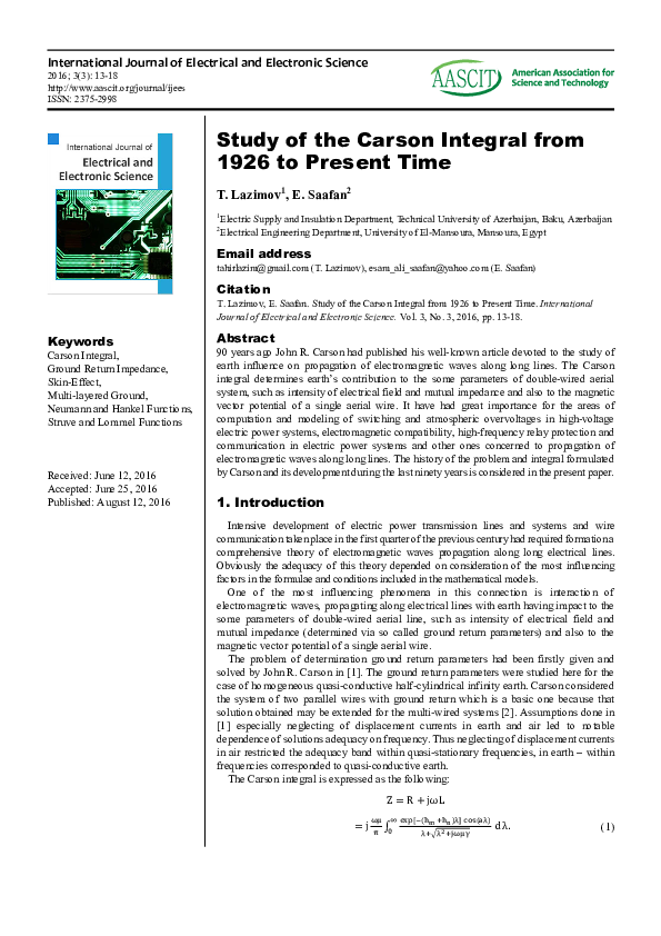 (PDF) Study of the Carson Integral from 1926 to Present Time
