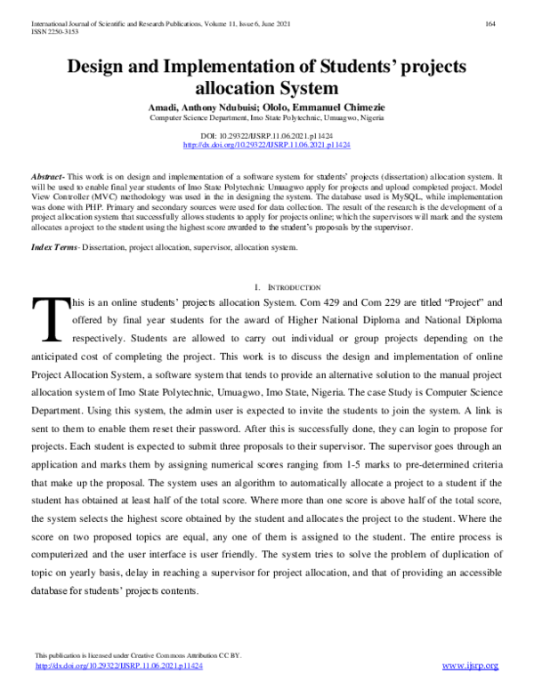 (PDF) Design and Implementation of Students' projects allocation System
