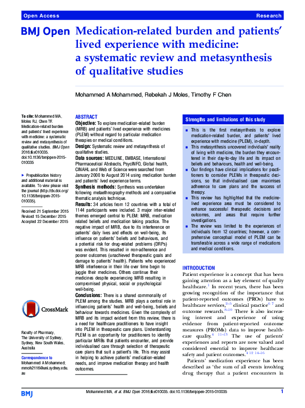 (PDF) Medication-related burden and patients’ lived experience with ...