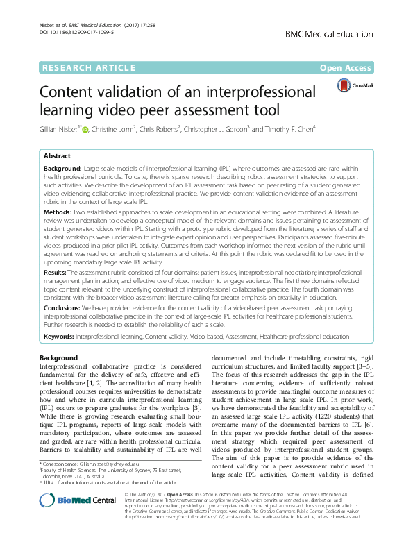 (PDF) Content validation of an interprofessional learning video peer assessment tool