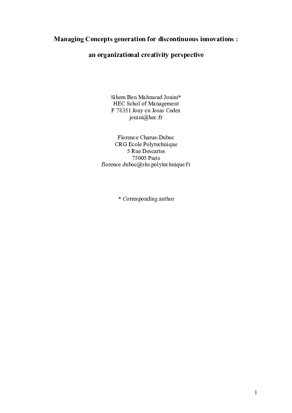 (PDF) Managing Concepts Generation for Discontinuous Innovations : an Organizational Creativity ...