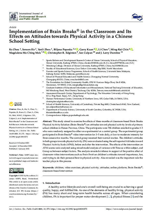 (PDF) Implementation of Brain Breaks® in the Classroom and Its Effects ...