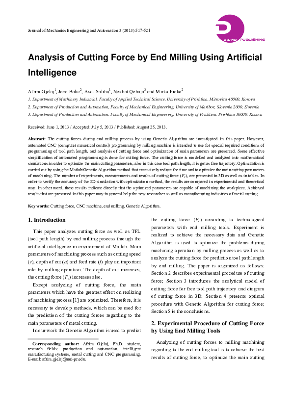 Pdf Analysis Of Cutting Force By End Milling Using Artificial Intelligence