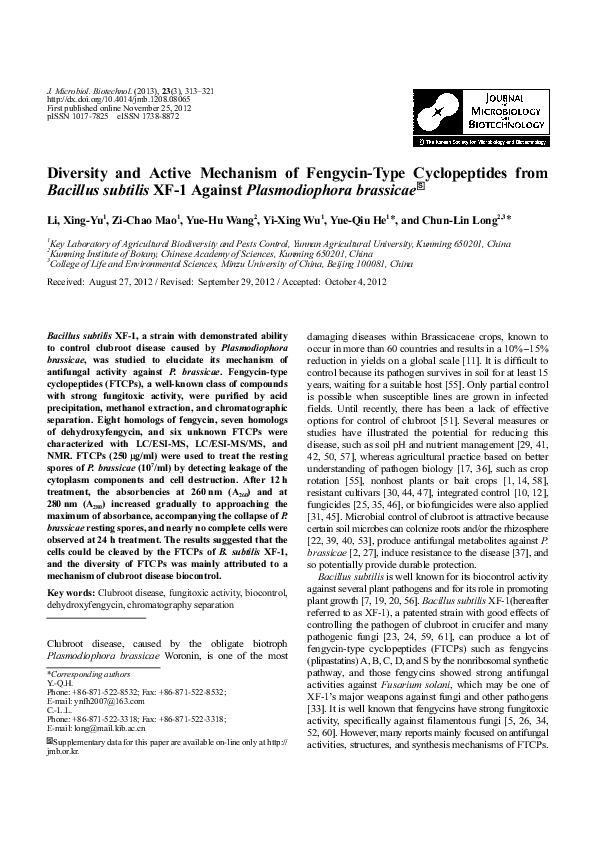 (PDF) Diversity and Active Mechanism of Fengycin-Type Cyclopeptides ...